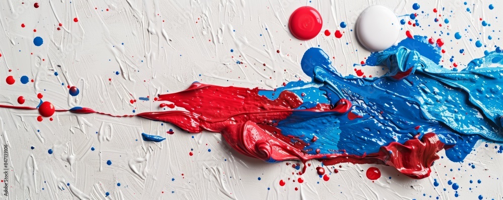 Colorful abstract painting with vibrant red and blue paint splashes on ...