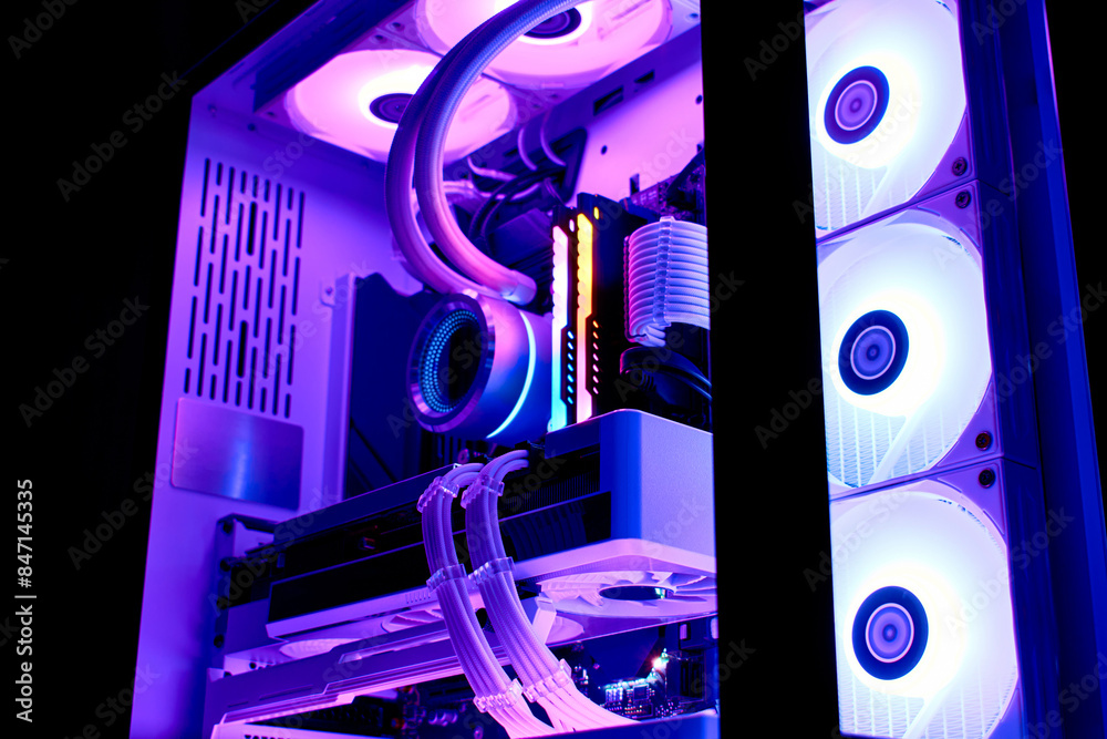 Gaming computer with RGB light, close-up. Components of a powerful ...