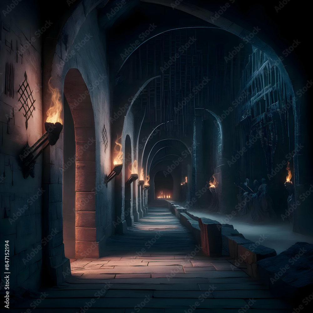 Dark dungeon long medieval castle corridor backgrounds, scary endless ...