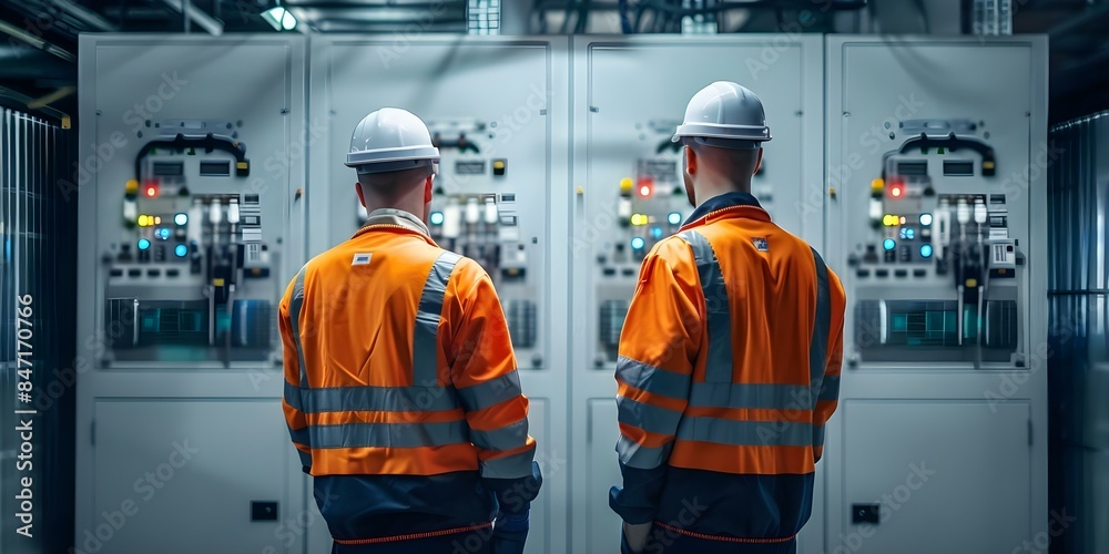 Two maintenance engineers inspecting relay protection system in medium ...