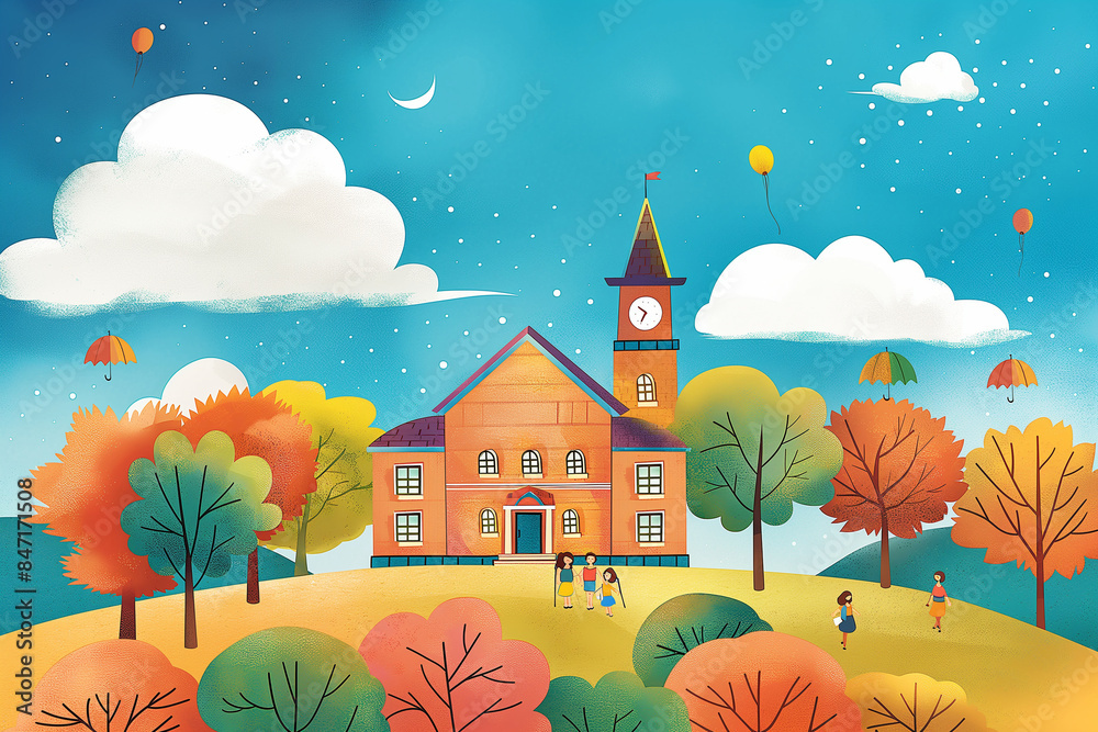 A colorful clipart image of a cheerful school building with a clock ...