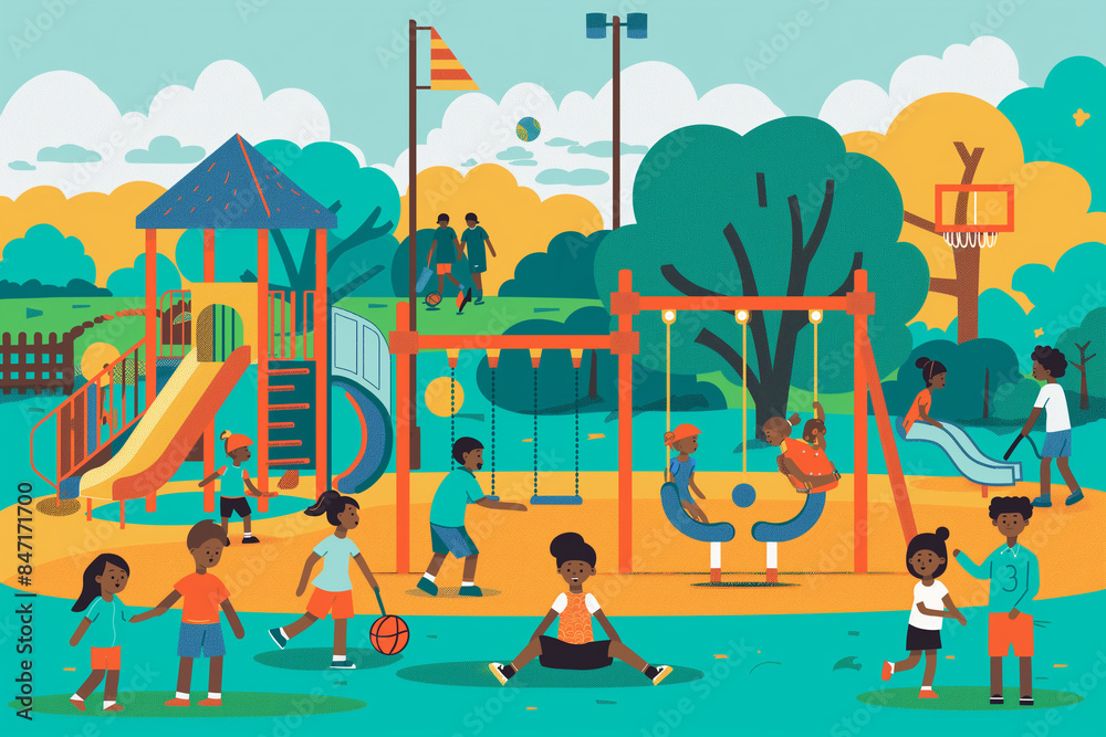 A vibrant clipart image of a group of diverse students playing together ...