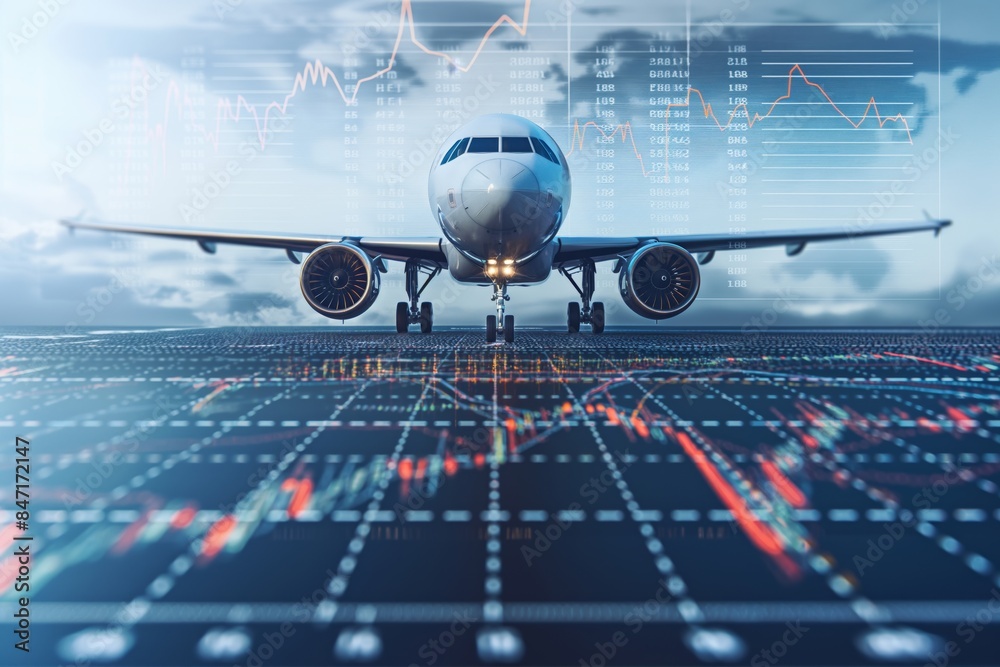 Jet airliner on digital financial chart runway Stock Photo | Adobe Stock