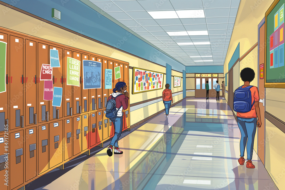 A detailed clipart of a school hallway with rows of lockers, students ...