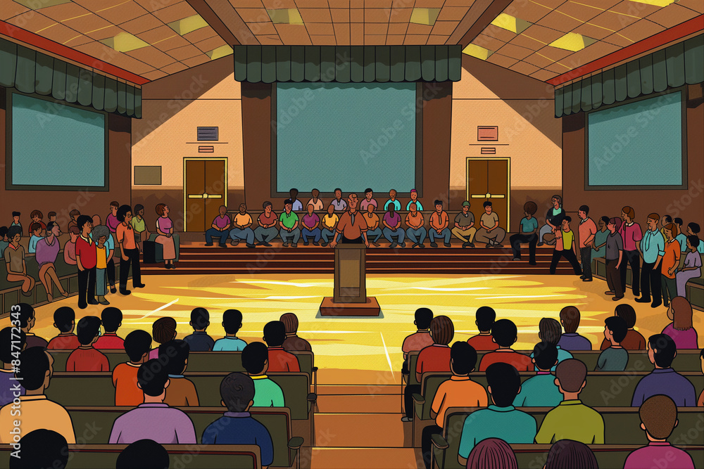 A vibrant clipart of a school assembly in a large auditorium, with ...