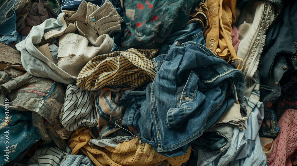 A pile of old used clothing and textiles. Fast fashion and clothing ...
