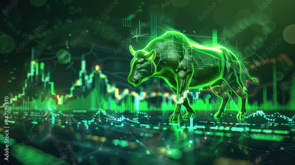 Stock market bull market trading Up trend of graph green background ...