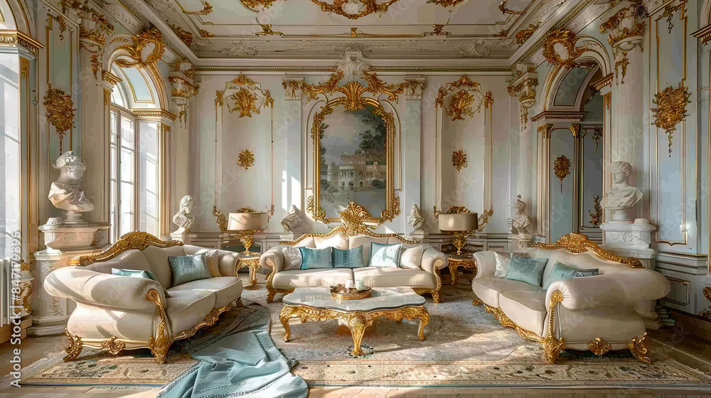 Classic living room in Rococo style with turquoise and gold color ...
