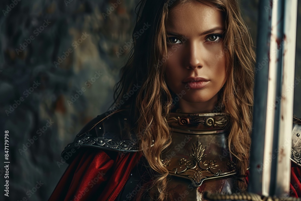 Beautiful female warrior queen posing with sword in ancient castle ...