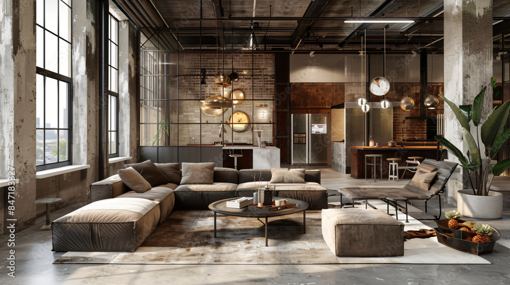 Industrial studio interior, room, furniture, home, house, sofa, living ...