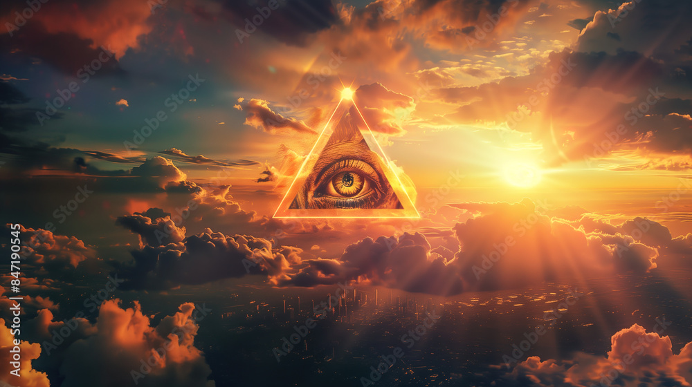 Eye of Providence All-Seeing Eye of God Pyramid in a Golden Sunset Sky ...