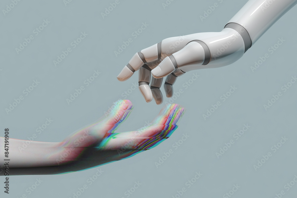 Human hand meets ai robot hand against blue background Stock Photo ...