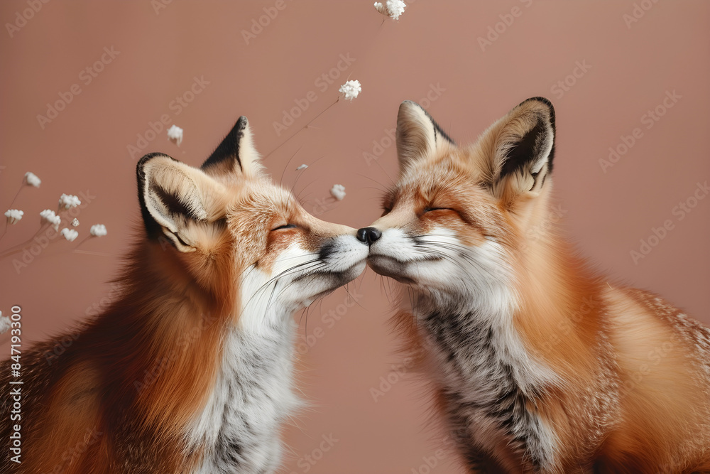 Two foxes touching noses, photo of a fox couple cuddling on a studio ...