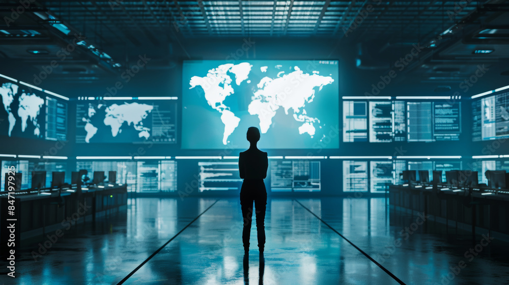 person in cyber control room with world maps on display screens Stock ...