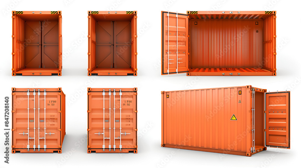 A set of blue shipping containers seen from different angles. Closed ...