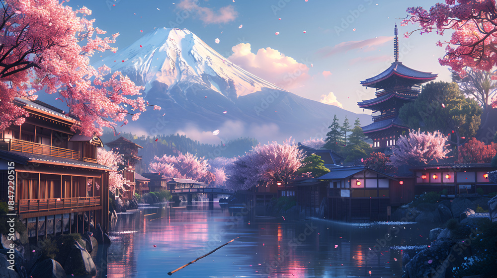 A beautiful Japanese village town in the morning, Buddhist temple ...