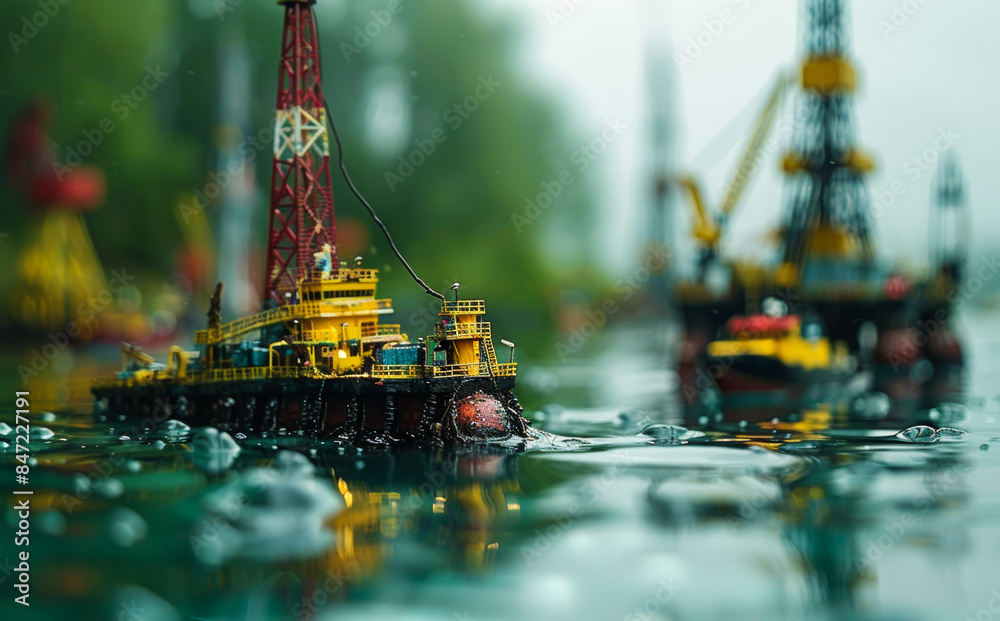 Miniature Oil Rig in Water. The rig is detailed and realistic, with a ...