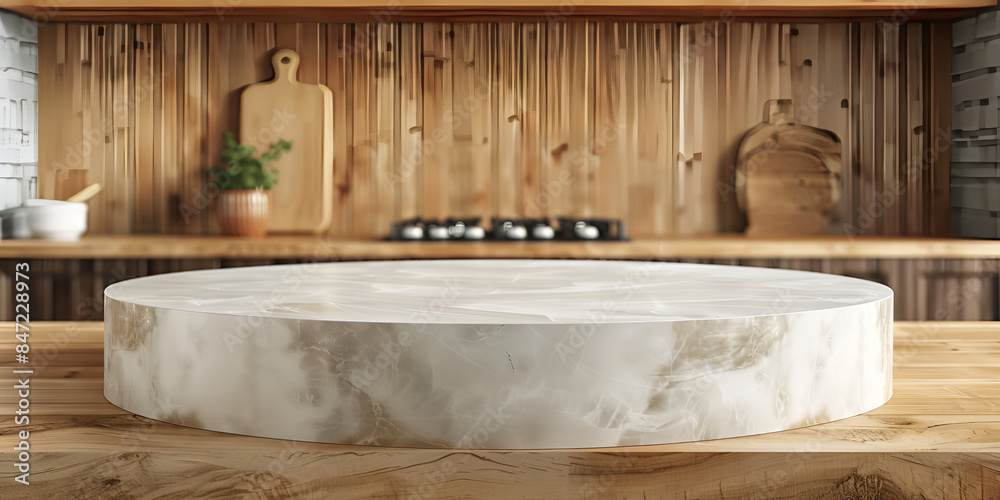 kitchen counter with a large, oval-shaped marble slab in the center ...