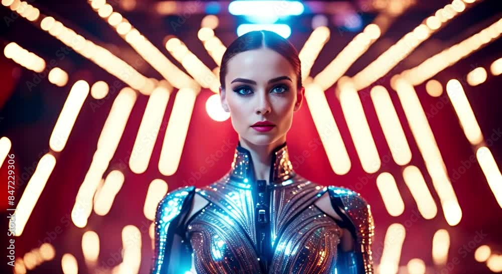 Silver humanoid robot model against light. Sleek silver cyborg fashion ...