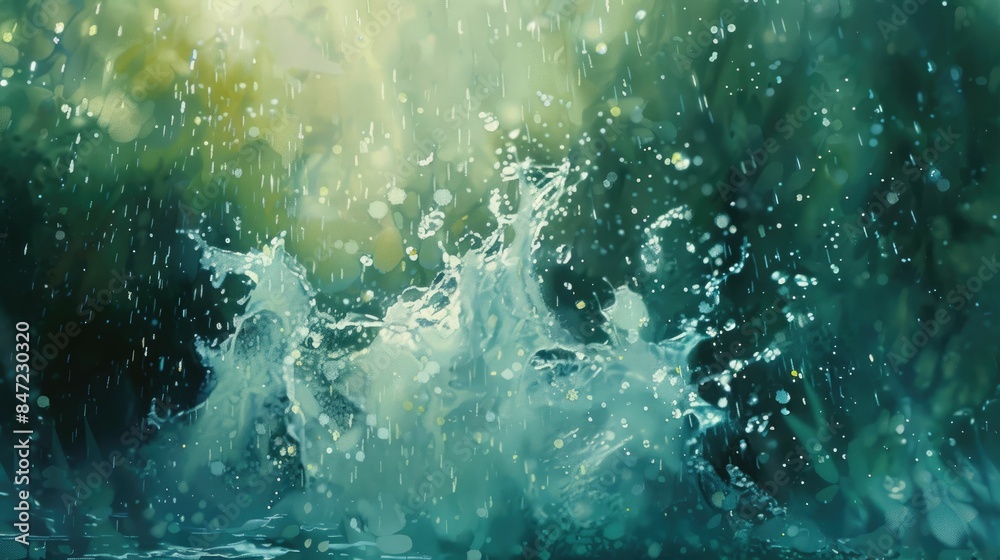 A close up of rain drops falling into a puddle, capturing the beauty of ...