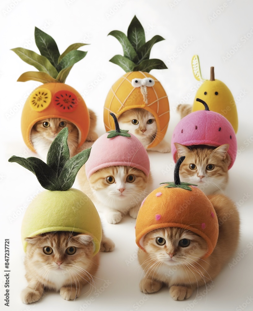 Japanese ad for cute cat hats shaped like different fruits, Each fruit ...