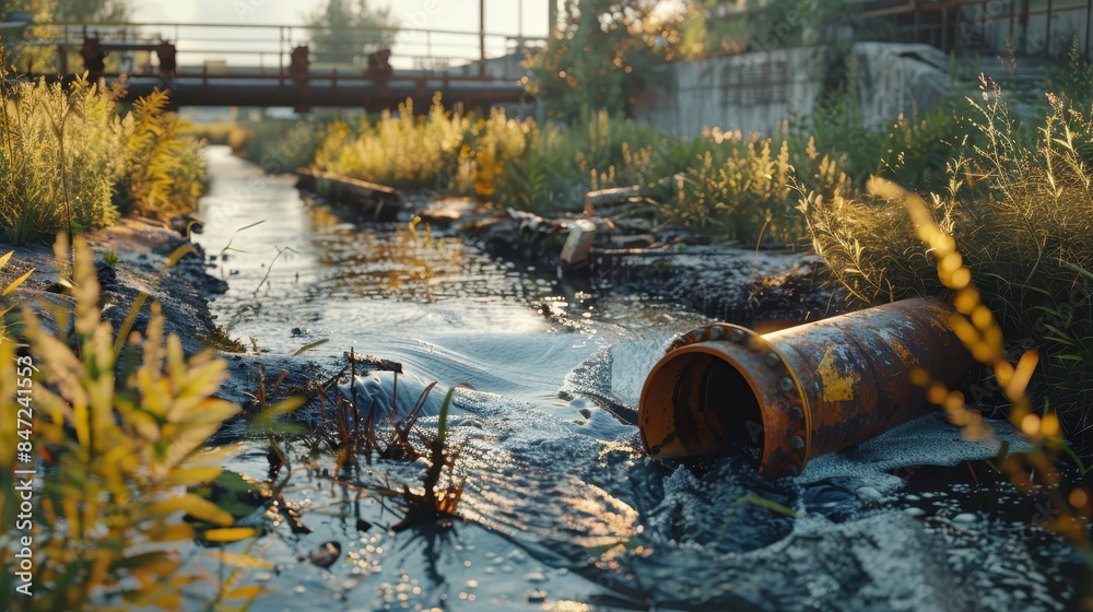 Toxic waste flowing into river from corroded industrial pipe, pollution ...