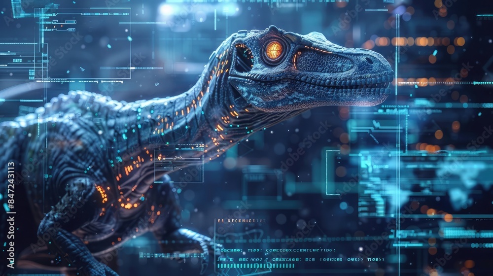 Futuristic depiction of a cyborg Velociraptor in an AI development ...