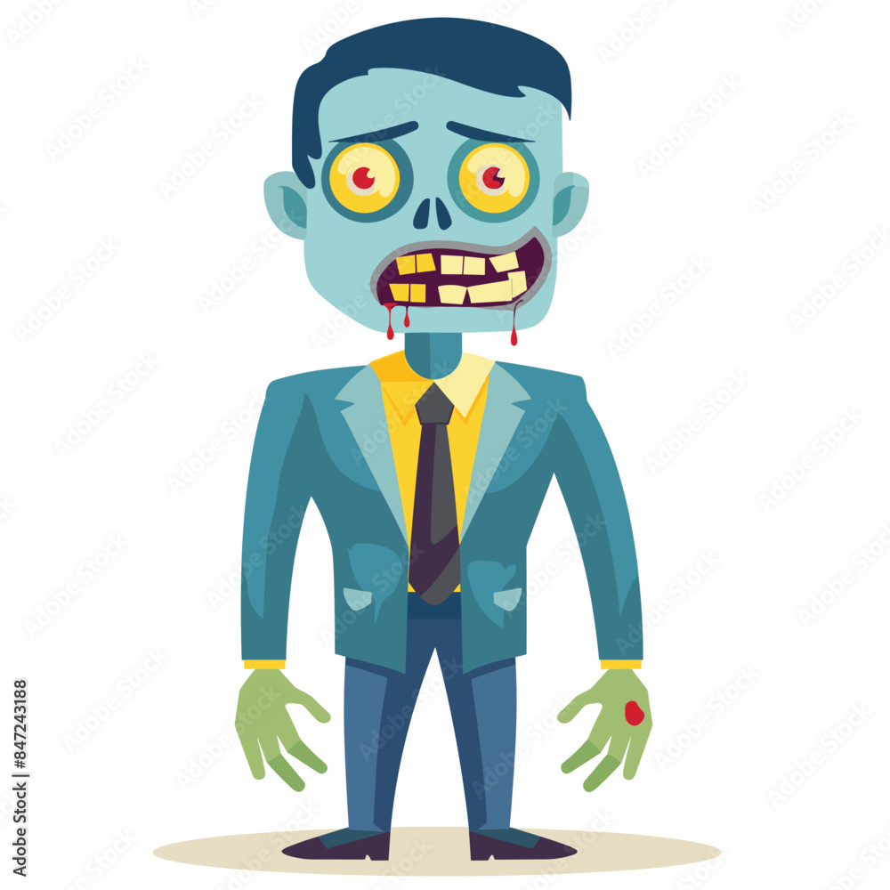 Blue zombie man wearing office suit, yellow shirt, purple tie, isolated ...