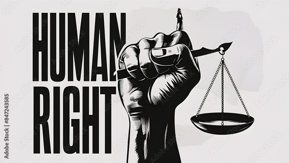 A stylized representation of a clenched fist holding a balance scale ...