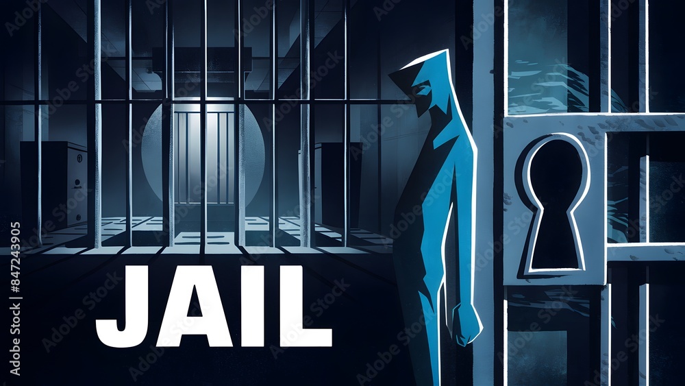 A stylized representation of a jail or prison cell. It features a blue ...
