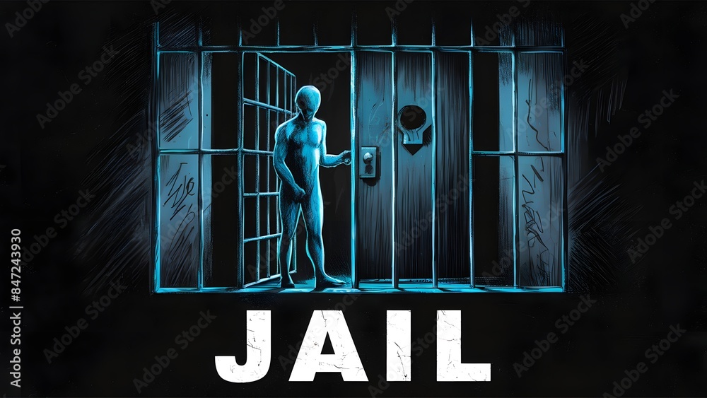 A stylized representation of a jail or prison cell. It features a blue ...