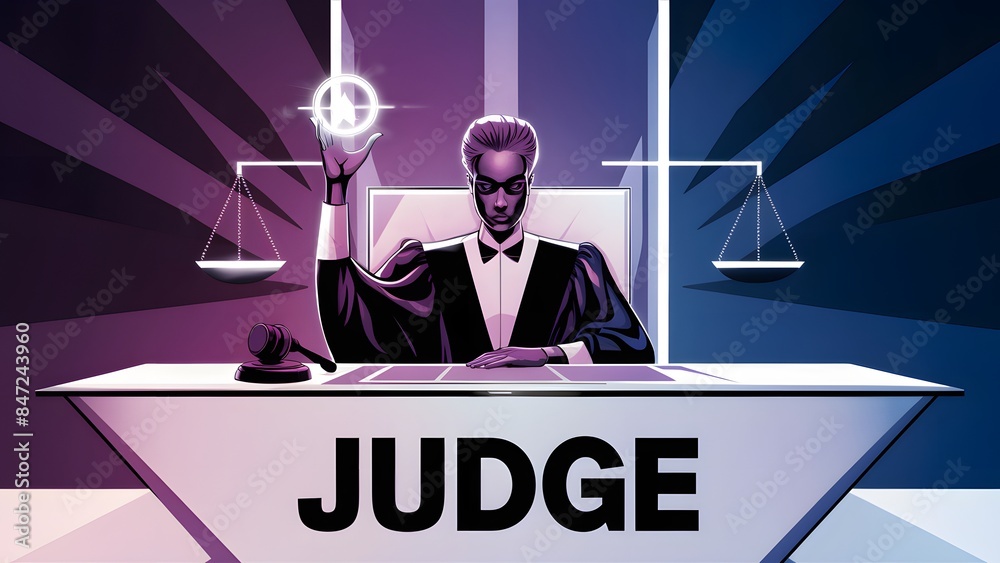 A stylized representation of a judge. The judge is depicted sitting ...