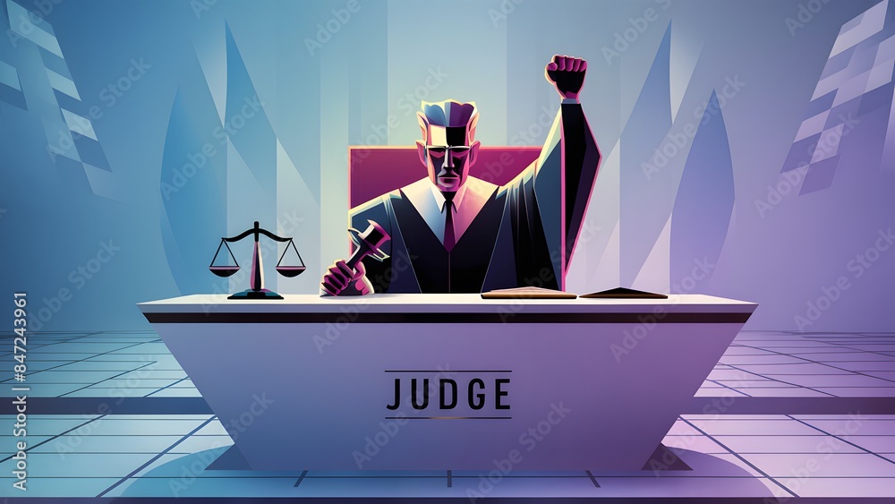 A stylized representation of a judge. The judge is depicted sitting ...