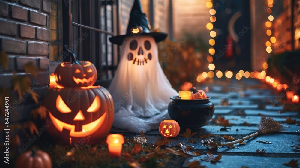 Ghost and witch themed Halloween decorations, featuring spooky ...