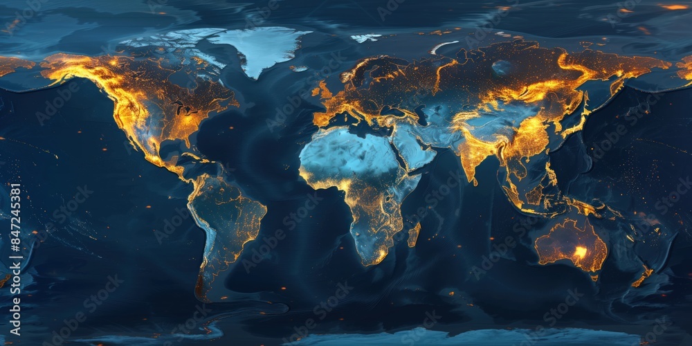 World map showing illuminated population density. Digital rendering in ...