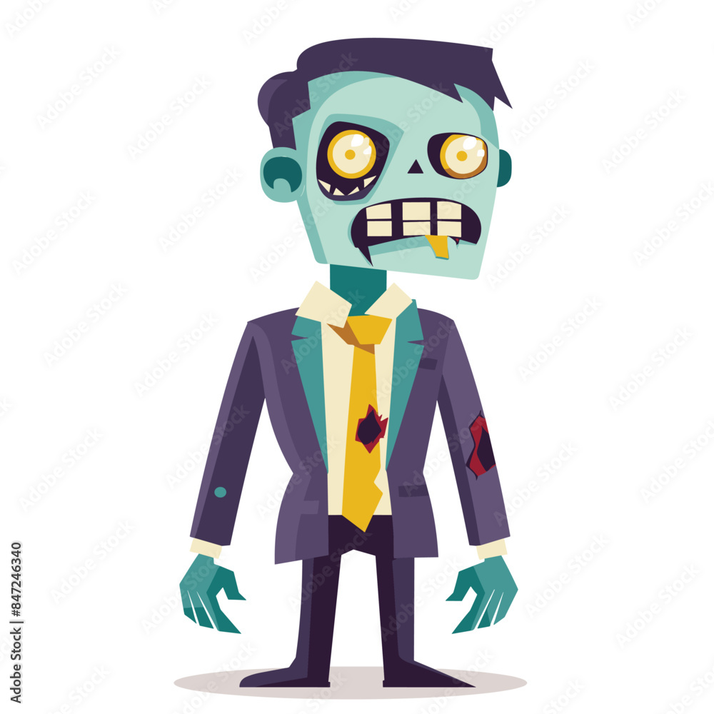 cartoon zombie businessman green skin, yellow eyes, tattered suit, startled expression stands ...