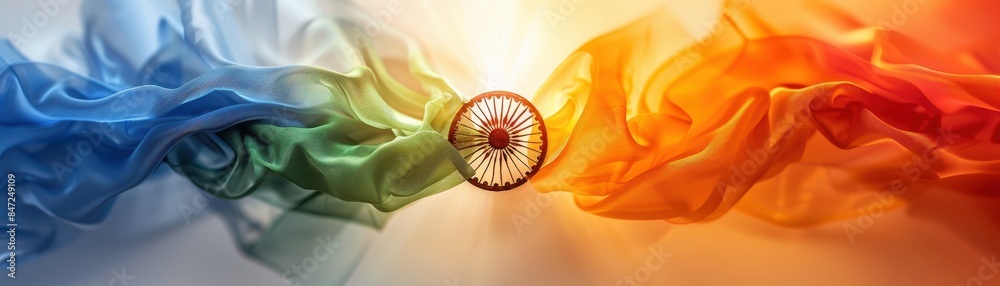 Vibrant Indian flag colors flowing around the Ashoka Chakra emblem ...