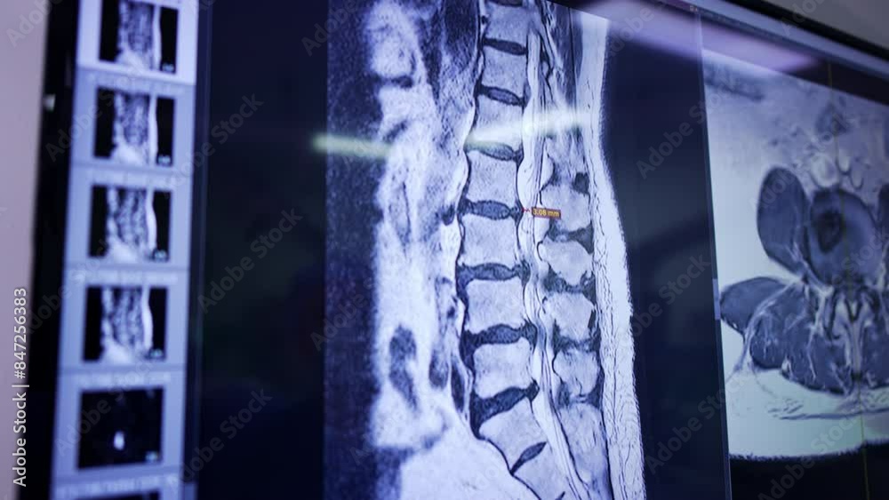 Checking the spine of a patient at the MRI scan. Large screen shows the ...