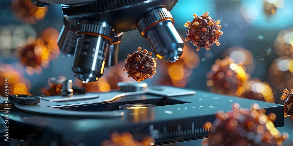 Closeup view of cancer cell molecular structure under a microscope ...