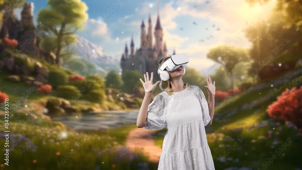 Excited woman turning around looking through VR in wonderland metaverse ...