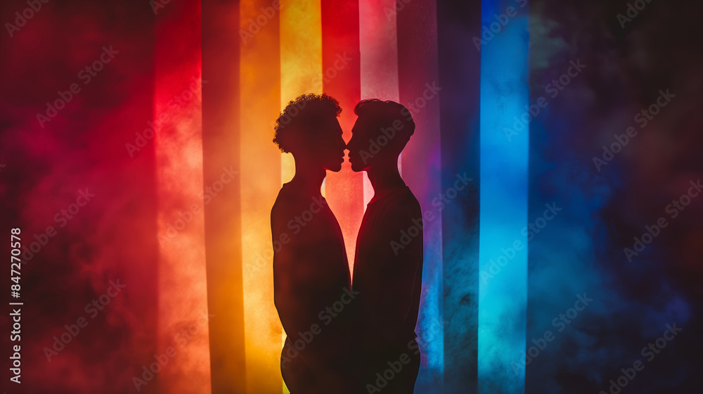 Silhouette of gay couple against rainbow lights. Expressive image ...