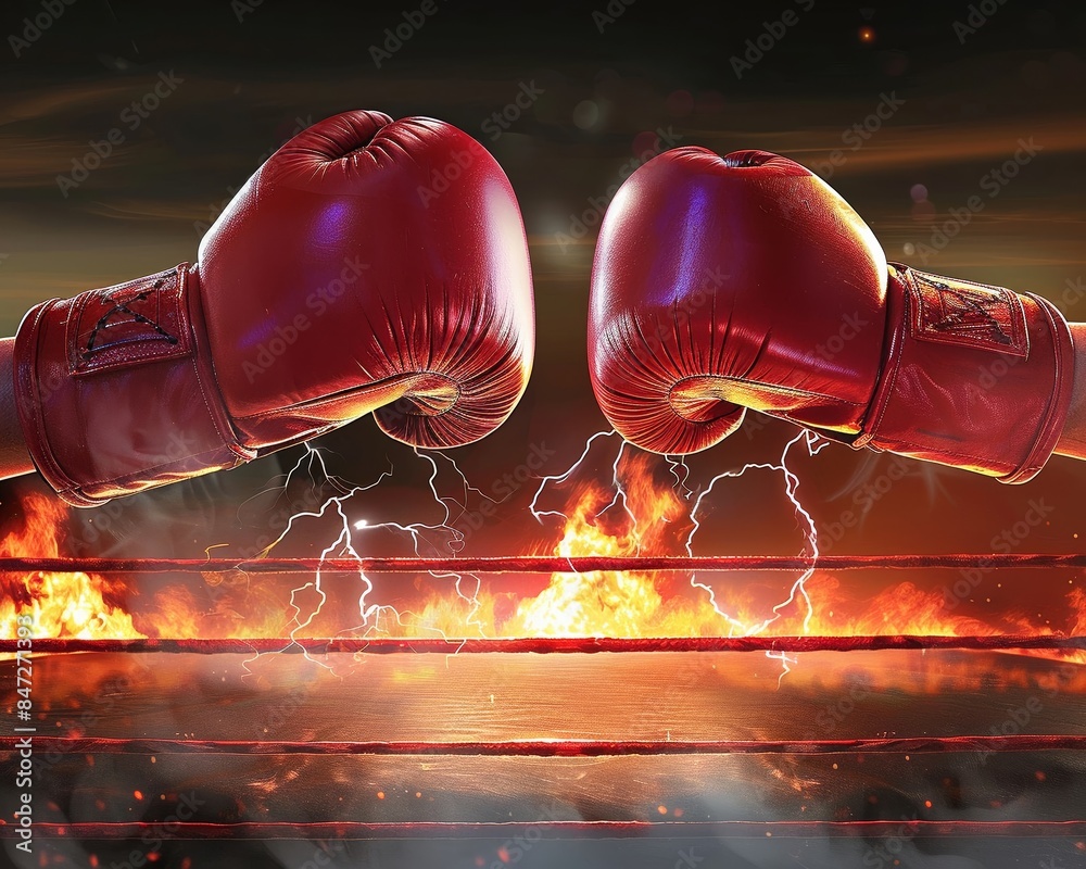 Two boxing gloves fight shown in the blazing thunder dust in front of ...