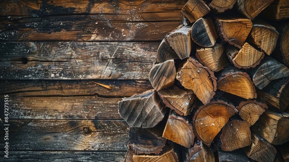 Pile of cut logs of firewood over a wooden boards background, sawed ...