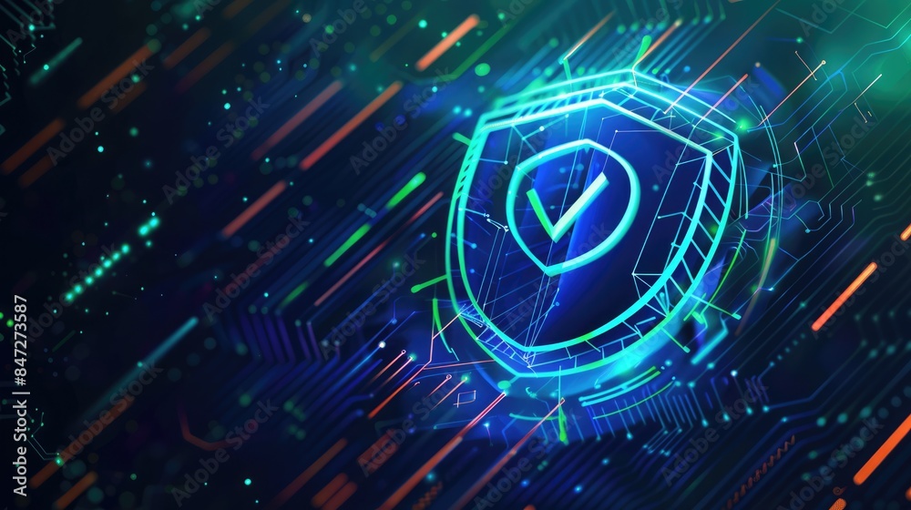 Shield and checkmark cybersecurity verification icon, neon blue and ...