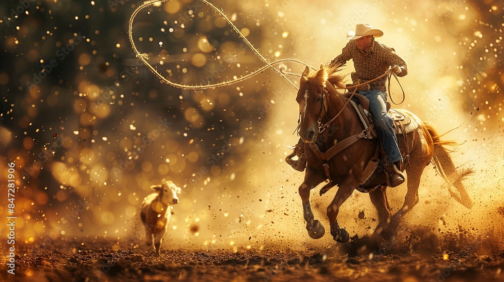 This image captures a professional photo of a cowboy lassoing a calf at ...