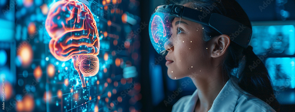 virtual reality, a doctor wearing a VR handset devise and checking and ...