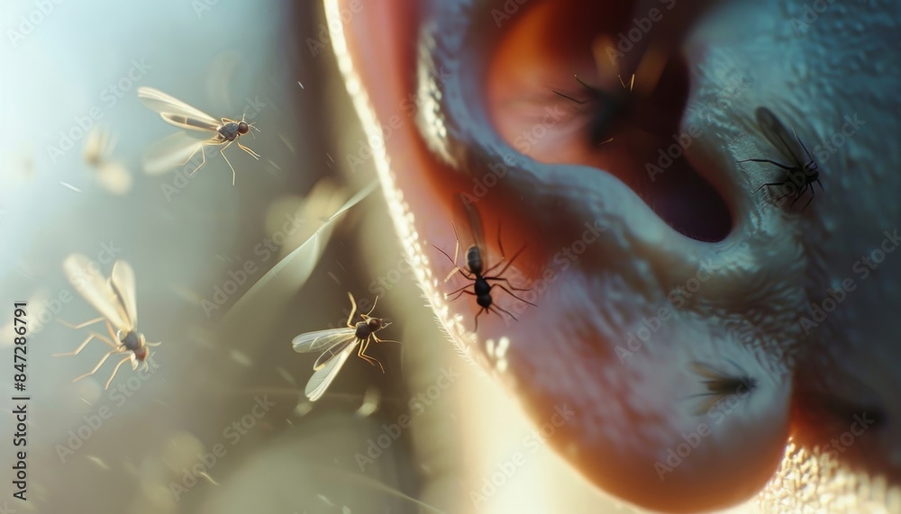 midges fly and bite a person's ear. Protecting skin from insects. Stock ...