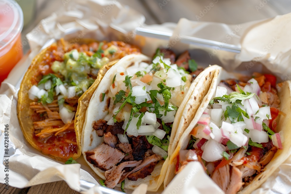 Close-Up Delicious Mexican Street Taco Trio With Carne Asada, Pollo ...