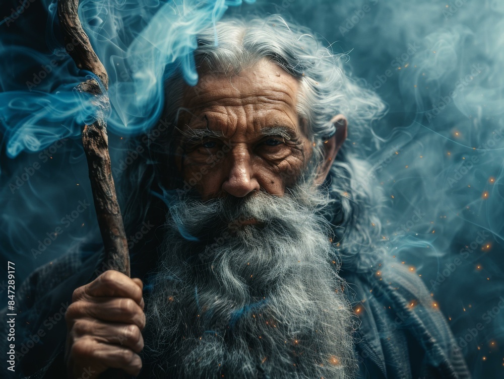 Portrait of a wise old wizard with a long white beard and staff, his ...
