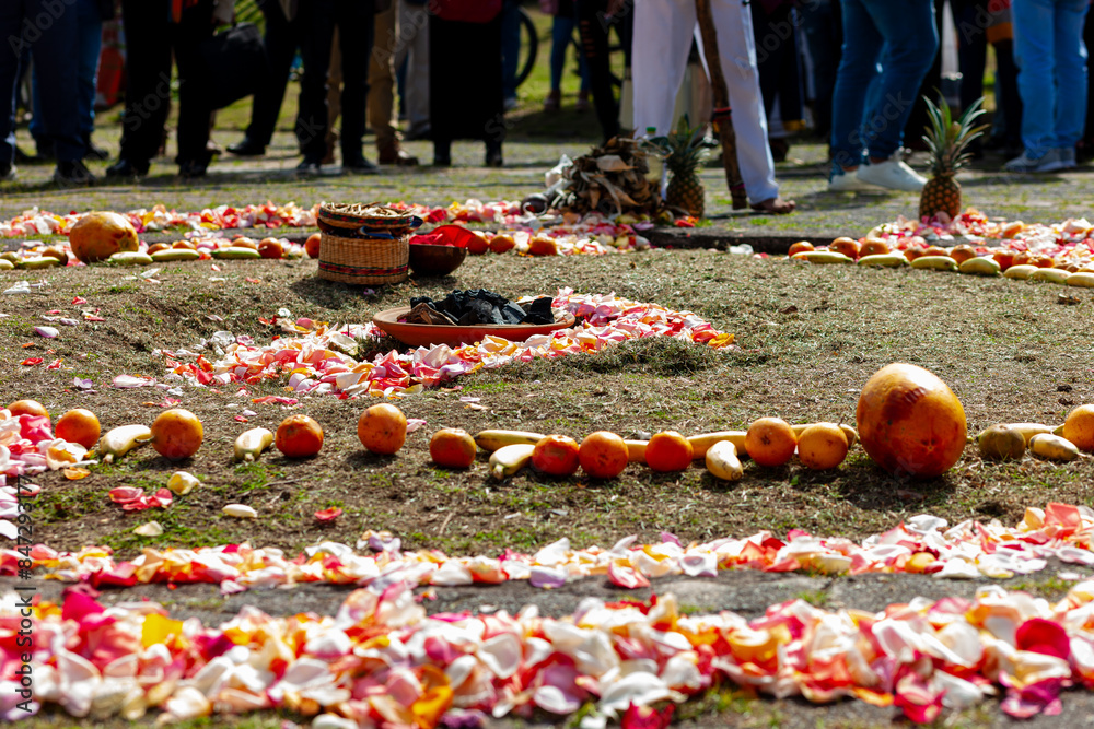 Ritual andino con variedad de frutas y flores tropicales, instrumentos ...